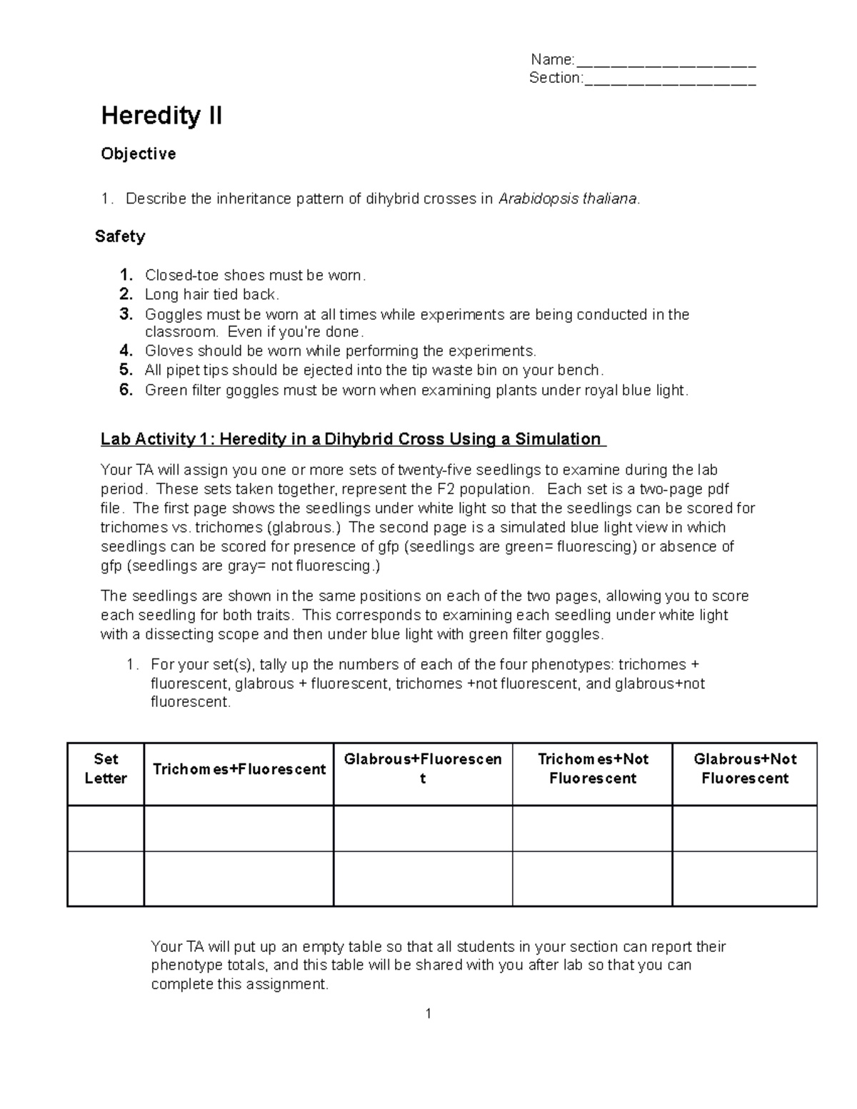 Heredity II No Plates - Lab - Name:_____________________ Section ...