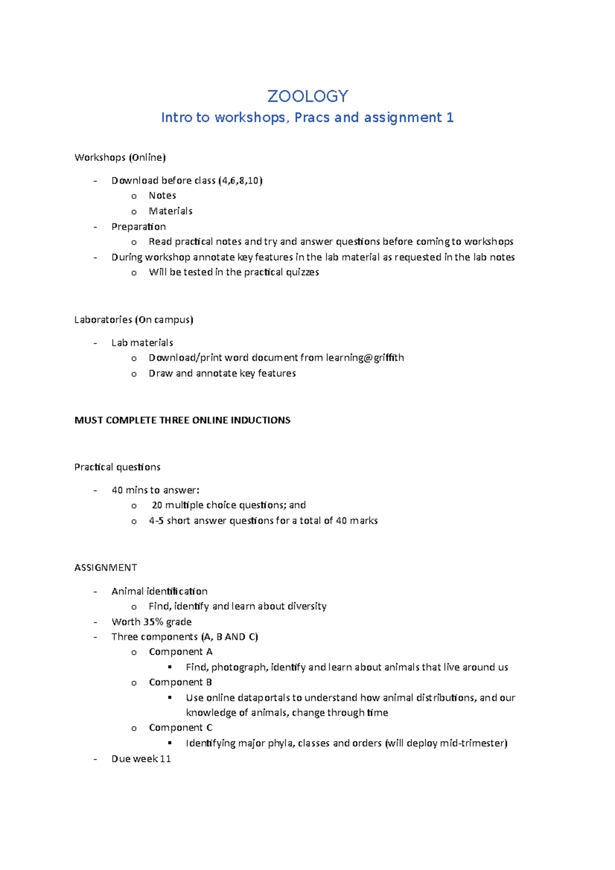 Workshop 1 - Notes - ZOOLOGY Intro to workshops, Pracs and assignment 1 ...