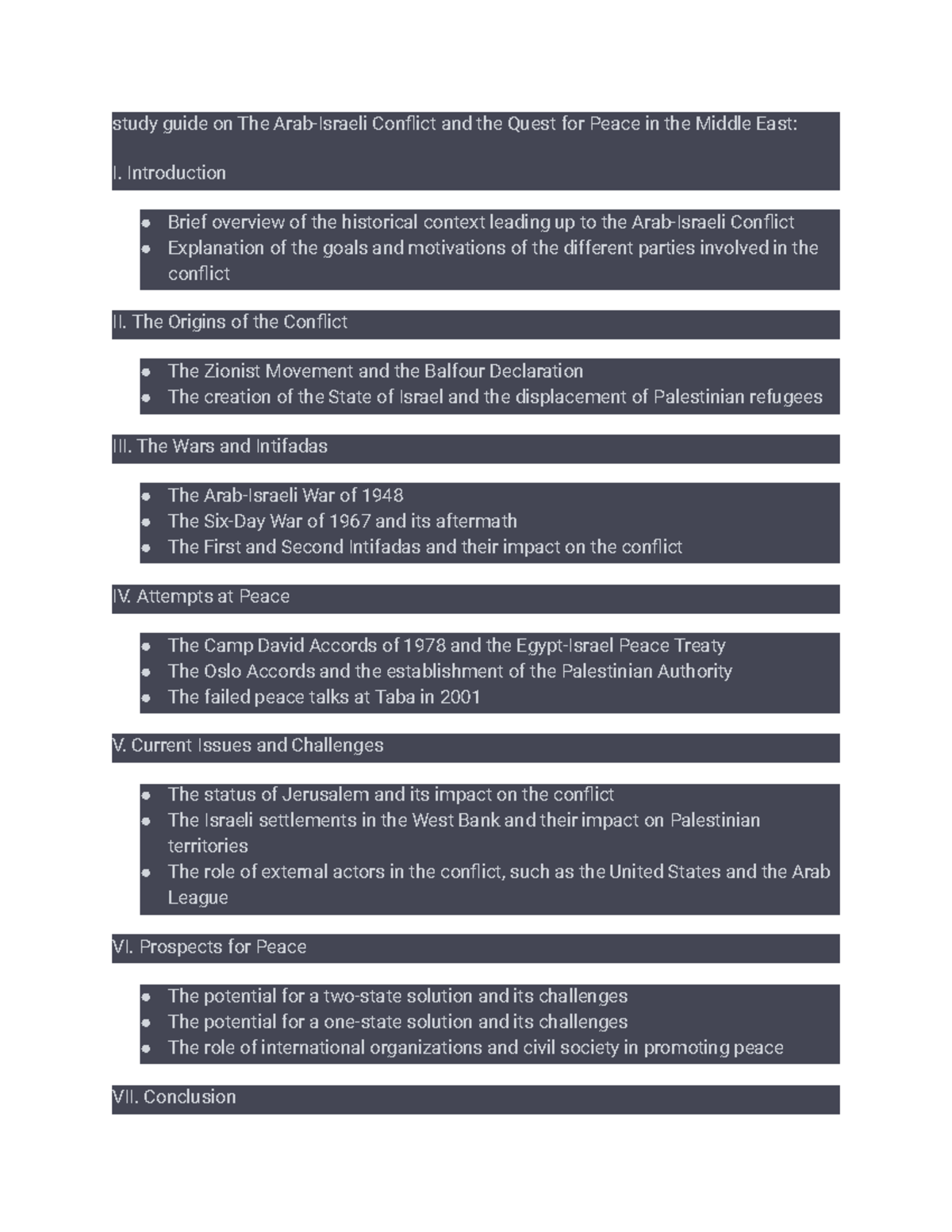 Study guide on The Arab-Israeli Conflict and the Quest for Peace in the ...
