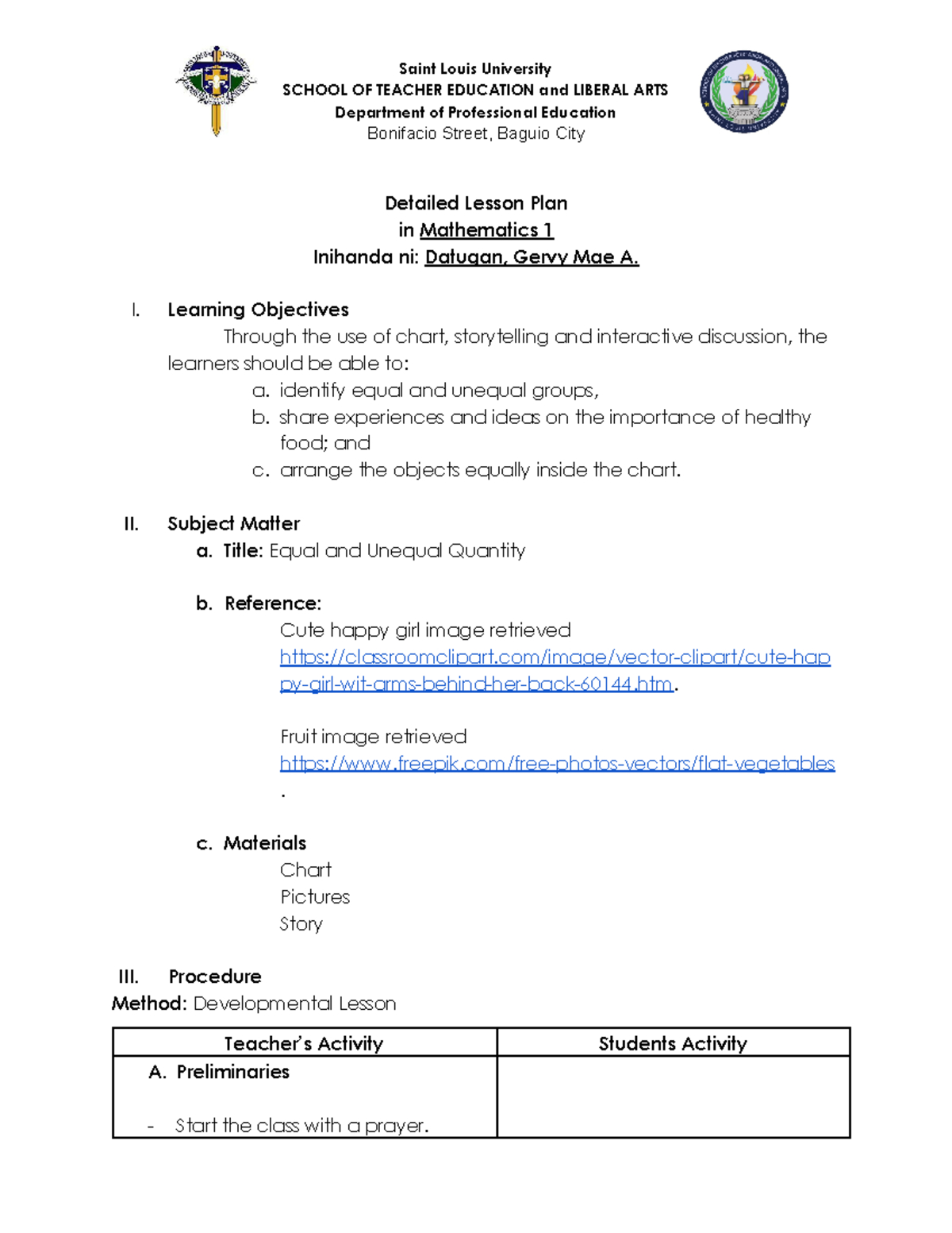 Mathematics 1 - Lesson plan in math 1 - SCHOOL OF TEACHER EDUCATION and ...