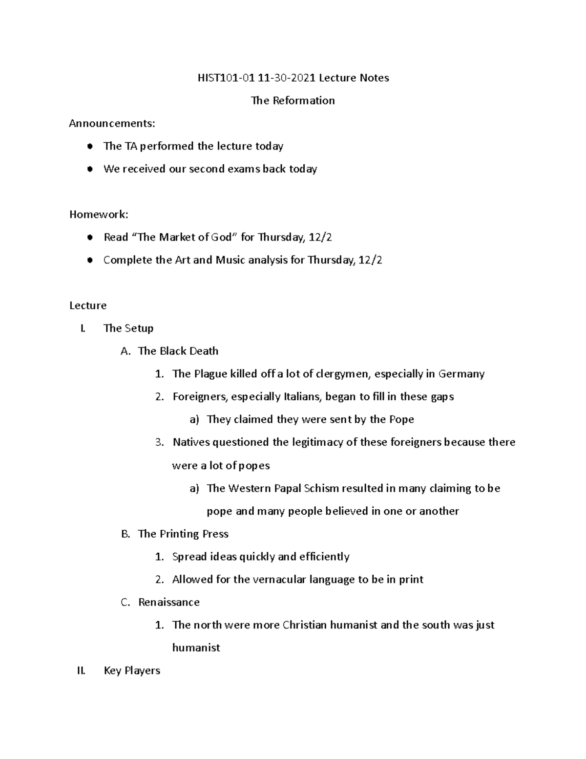 HIST101-01 11-30-2021 Lecture Notes - HIST101-01 11-30-2021 Lecture ...