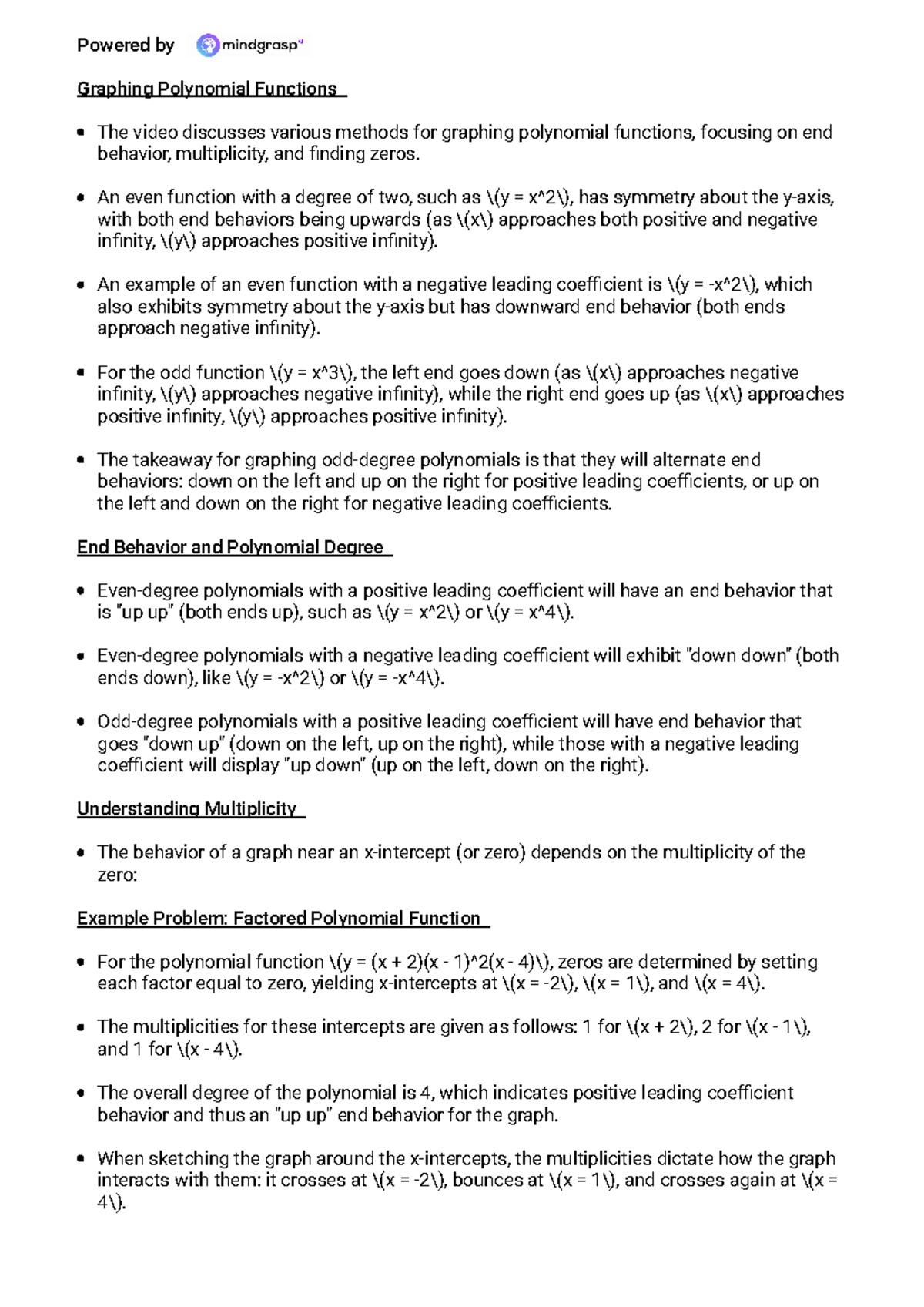 Smart-notes - polynomials - Graphing Polynomial Functions The video ...
