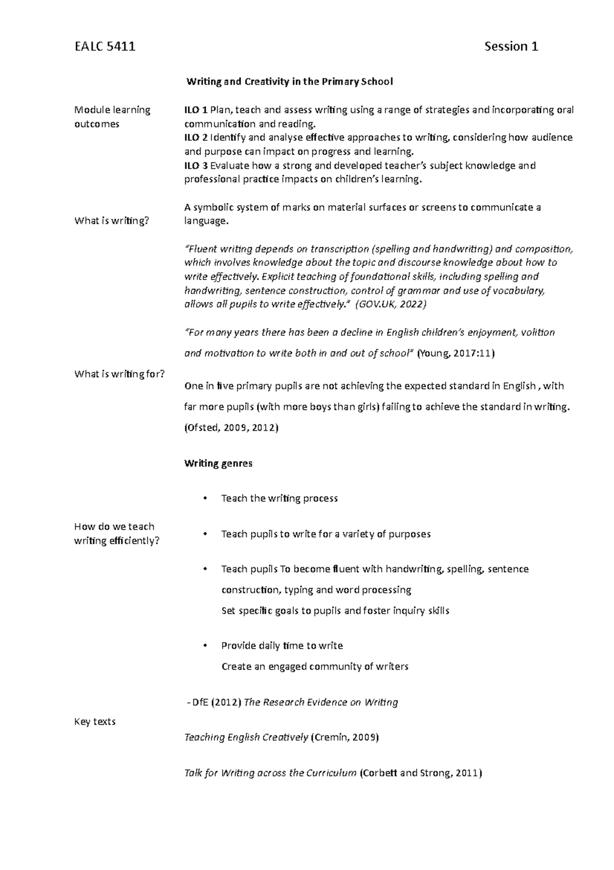 EALC Session 1 Notes - ILO 1 Plan, teach and assess writing using a ...
