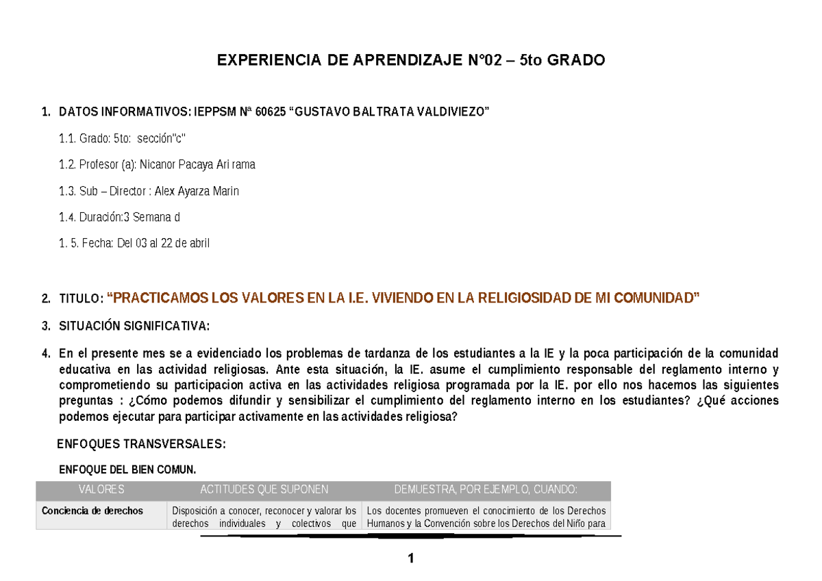 5° Grado - Experiencia DE Aprendizaje N°01 - EXPERIENCIA DE APRENDIZAJE N°02 – 5to GRADO 1 ...