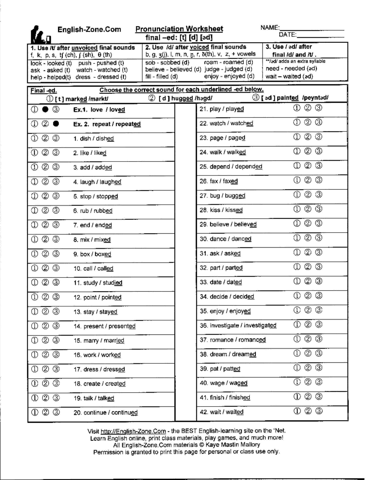 Ed Proununcation Activity - Pronunciation Worksheet NAME: final DATE: 1 ...