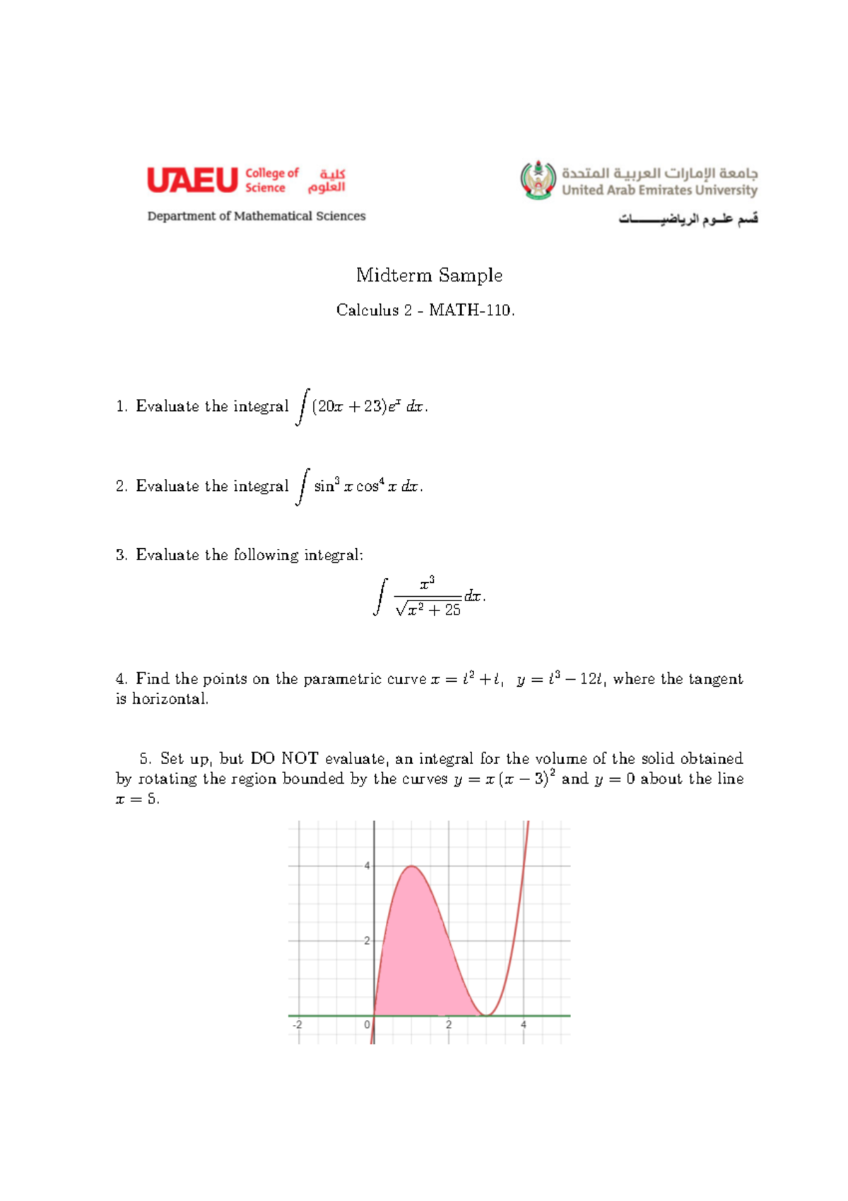 Midterm MATH 110 Sample - Midterm Sample Calculus 2 - MATH-110. 1. Evaluate the integral Z (20x ...