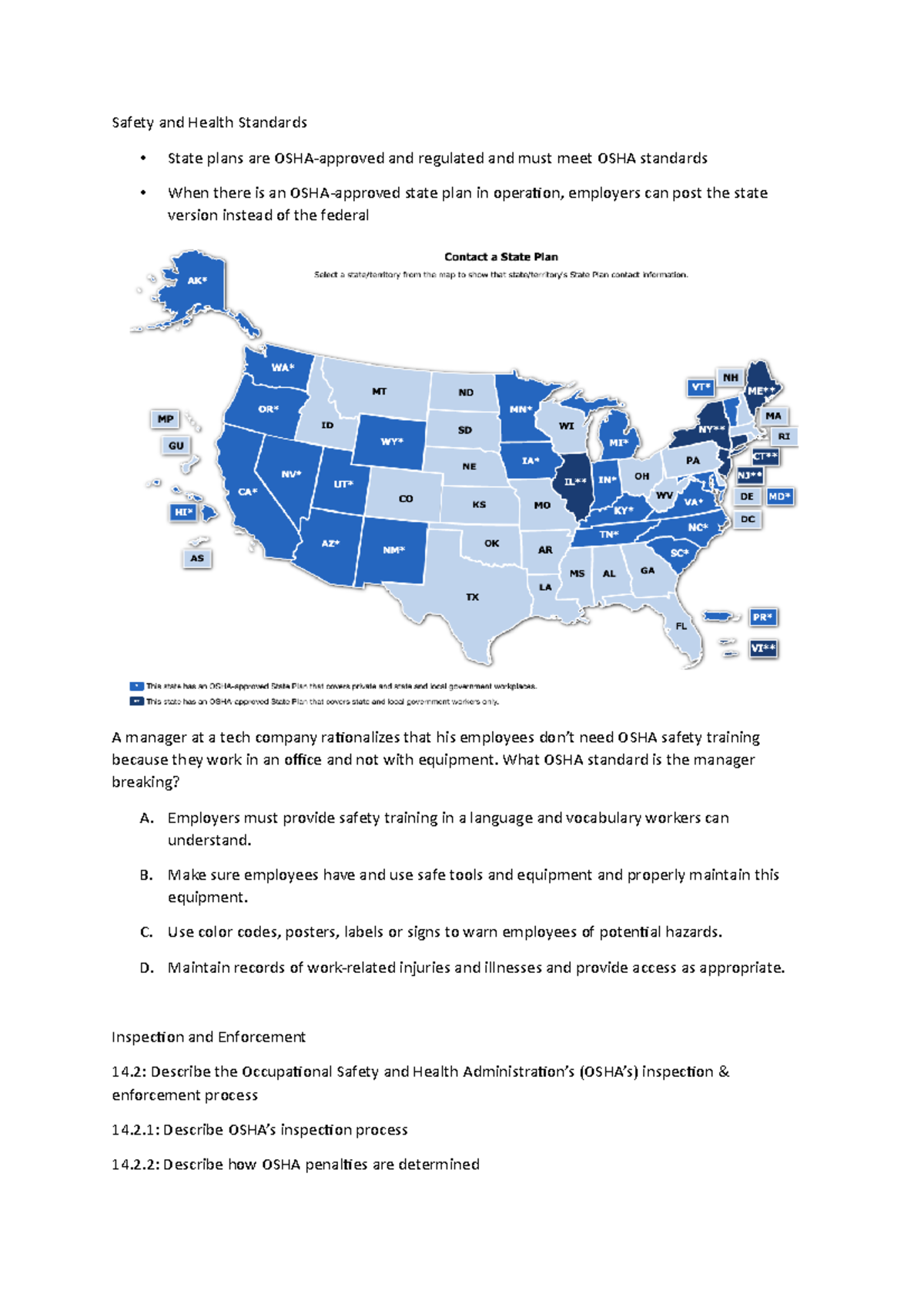 Safety and Health Standards - What OSHA standard is the manager ...