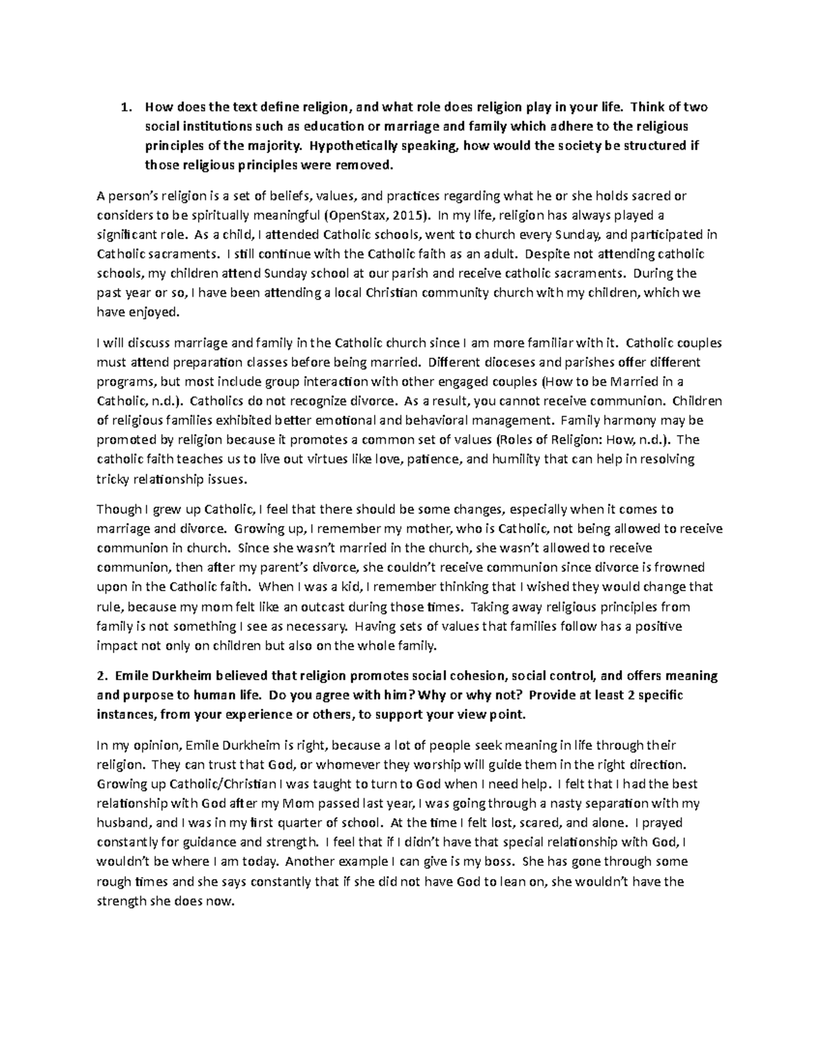 SOC Discussion Week 7 - How does the text define religion, and what ...