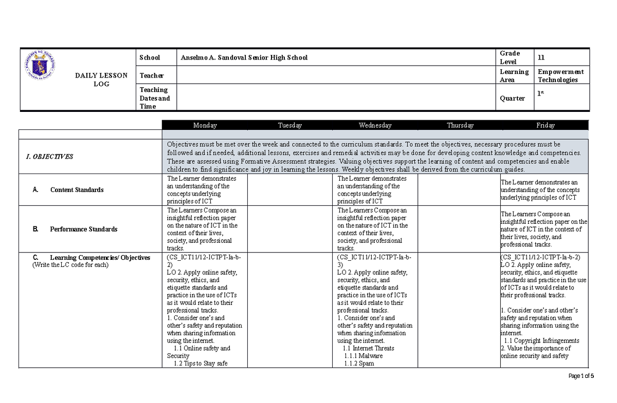 WEEK-DLL-2 - dll - DAILY LESSON LOG School Anselmo A. Sandoval Senior ...