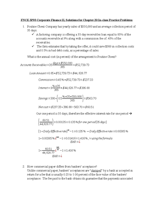Chapter 16 in Class problems-Solutions-Final - FNCE 3P93 Corporate ...