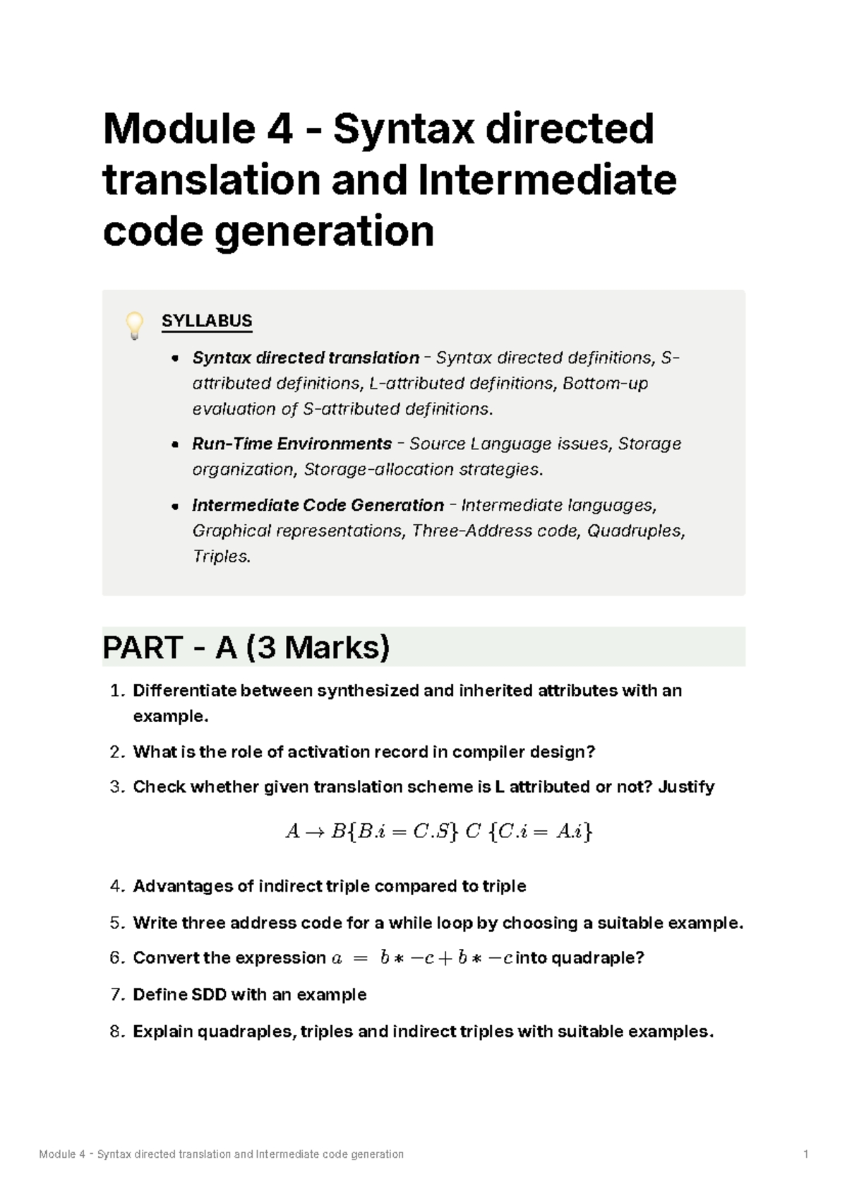 Module 4 - Syntax directed translation and Intermediate code Generation ... Module 4 - Syntax directed translation and Intermediate code Generation ...