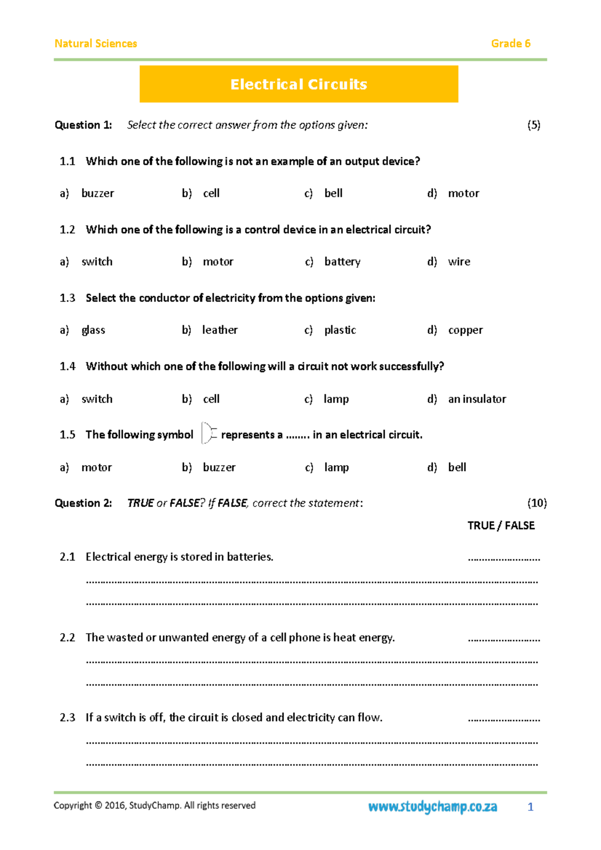 Gr6 NS Test 7 Electrical circuits - Question 1: Select the correct ...