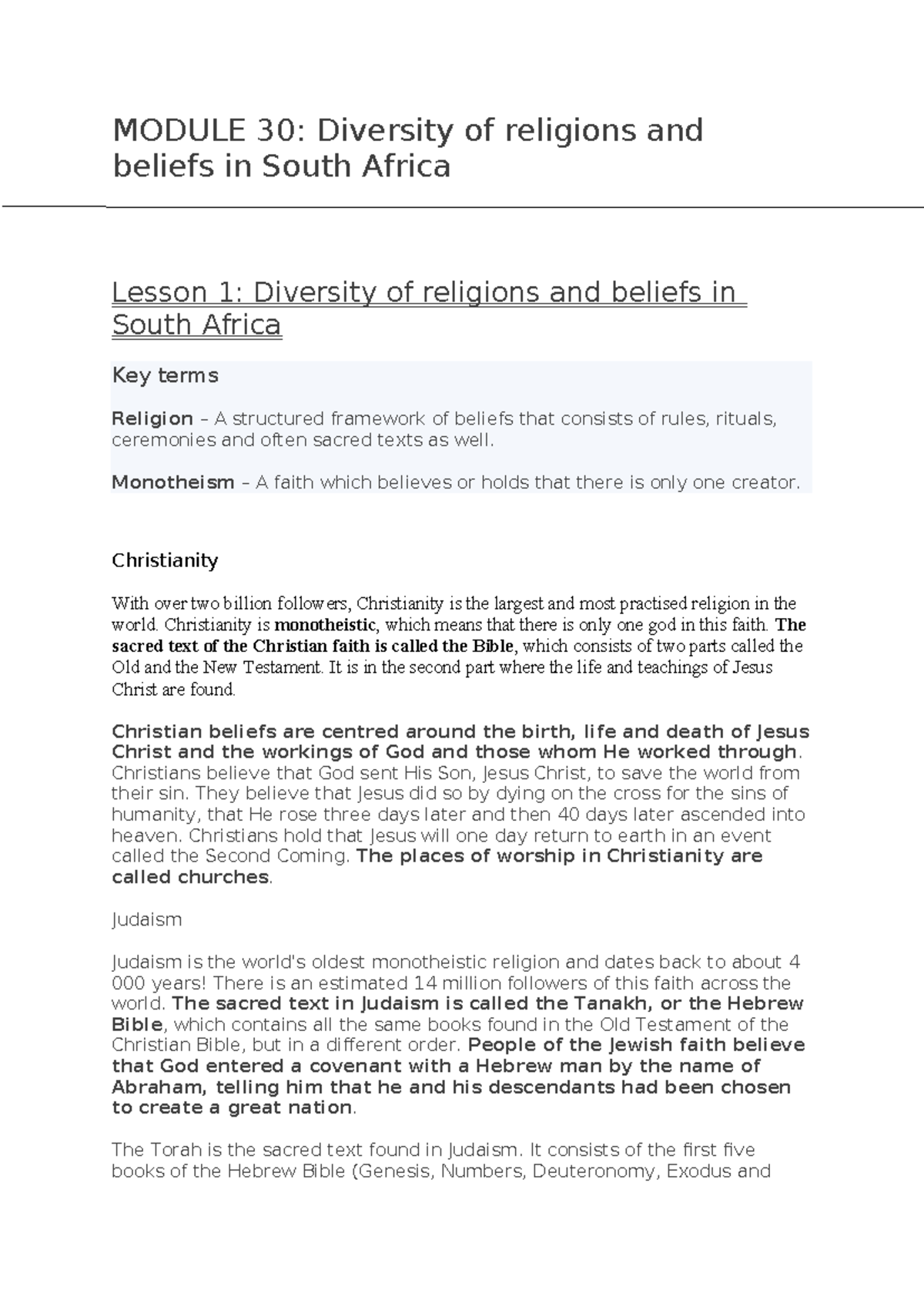 Module 30- Diversity of religions and beliefs in South Africa - MODULE ...
