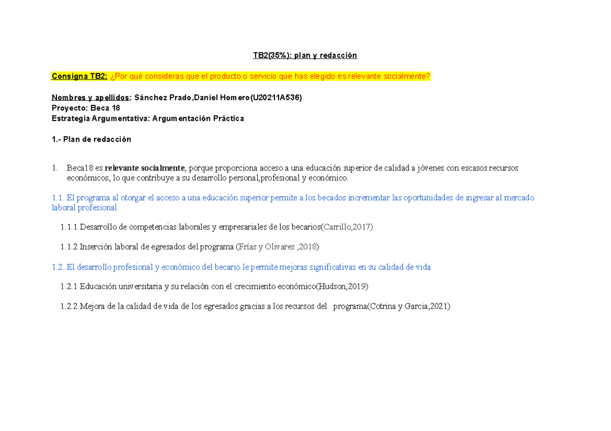 TB2 Sanchez Daniel U20211 A536 - TB2(35%): plan y redacción Consigna TB2: ¿Por qué consideras ...