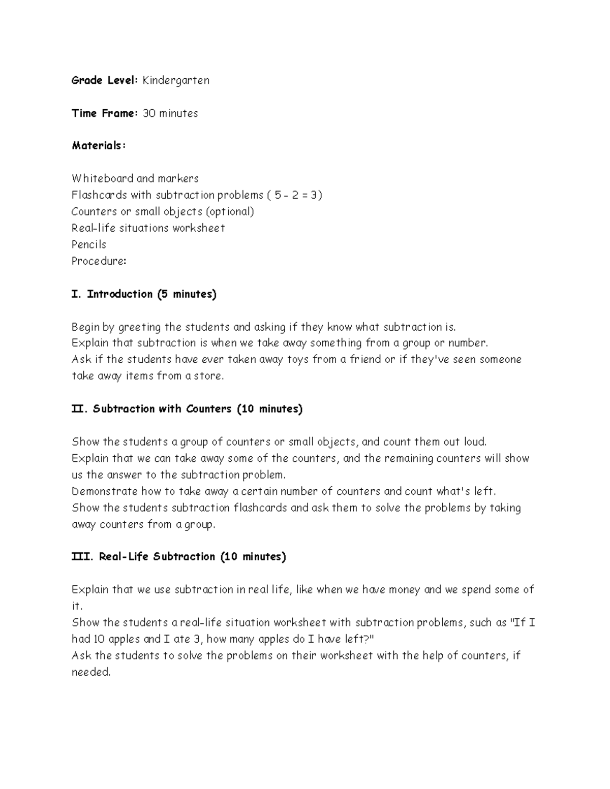 MATH Lesson PLAN - math about counting - Grade Level: Kindergarten Time ...