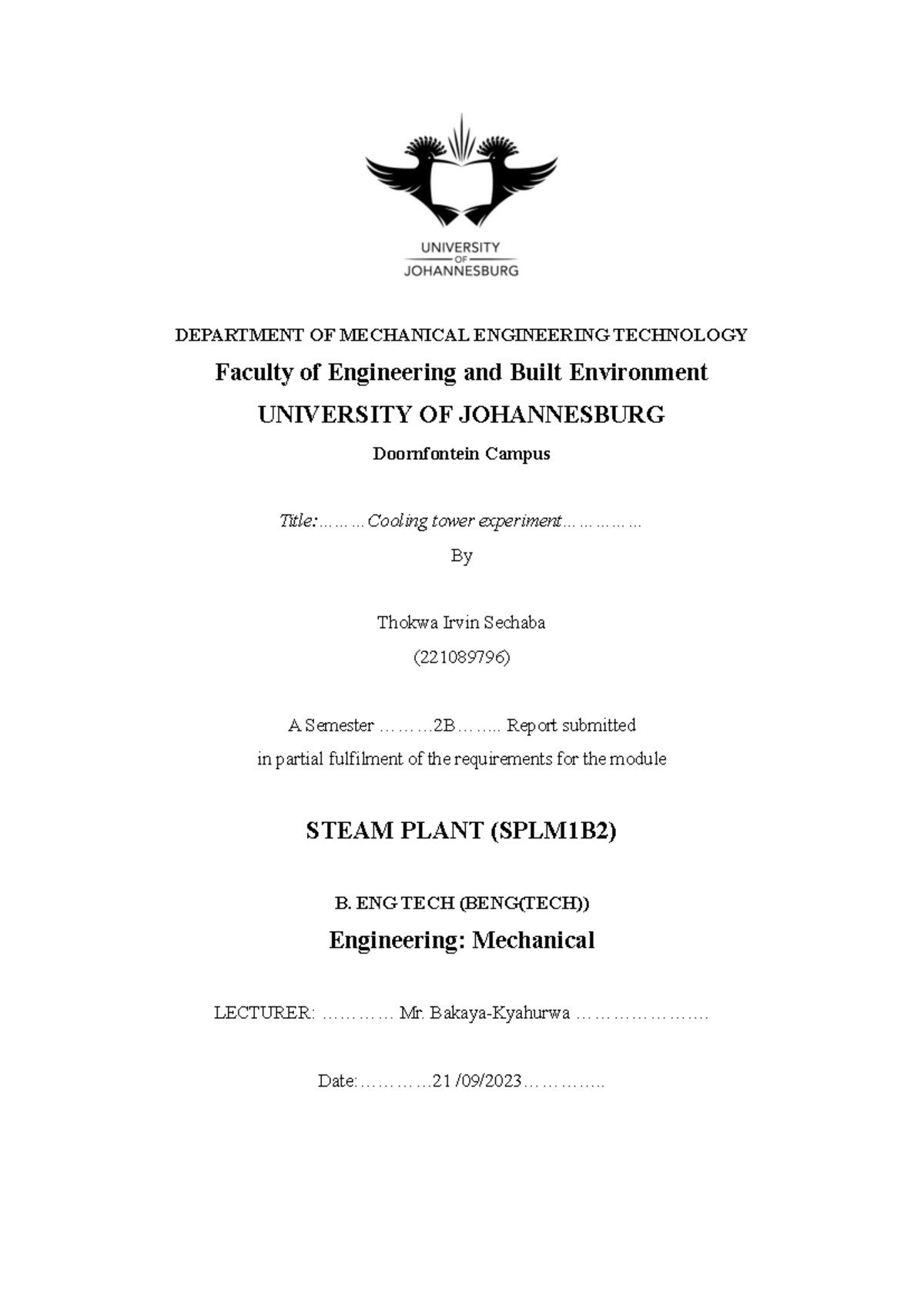 LAB 3 Cooling Tower - Practical report - DEPARTMENT OF MECHANICAL ...