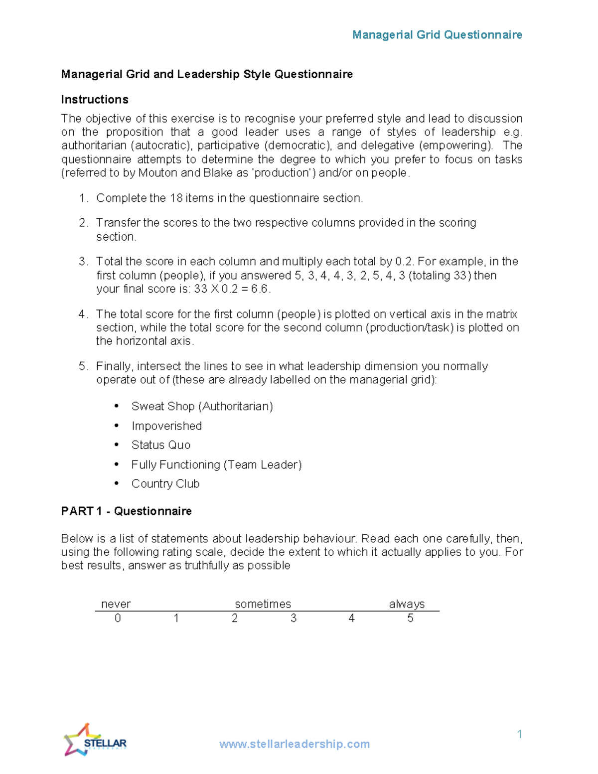 Managerial Grid Questionnaire - 1 Managerial Grid and Leadership Style ...