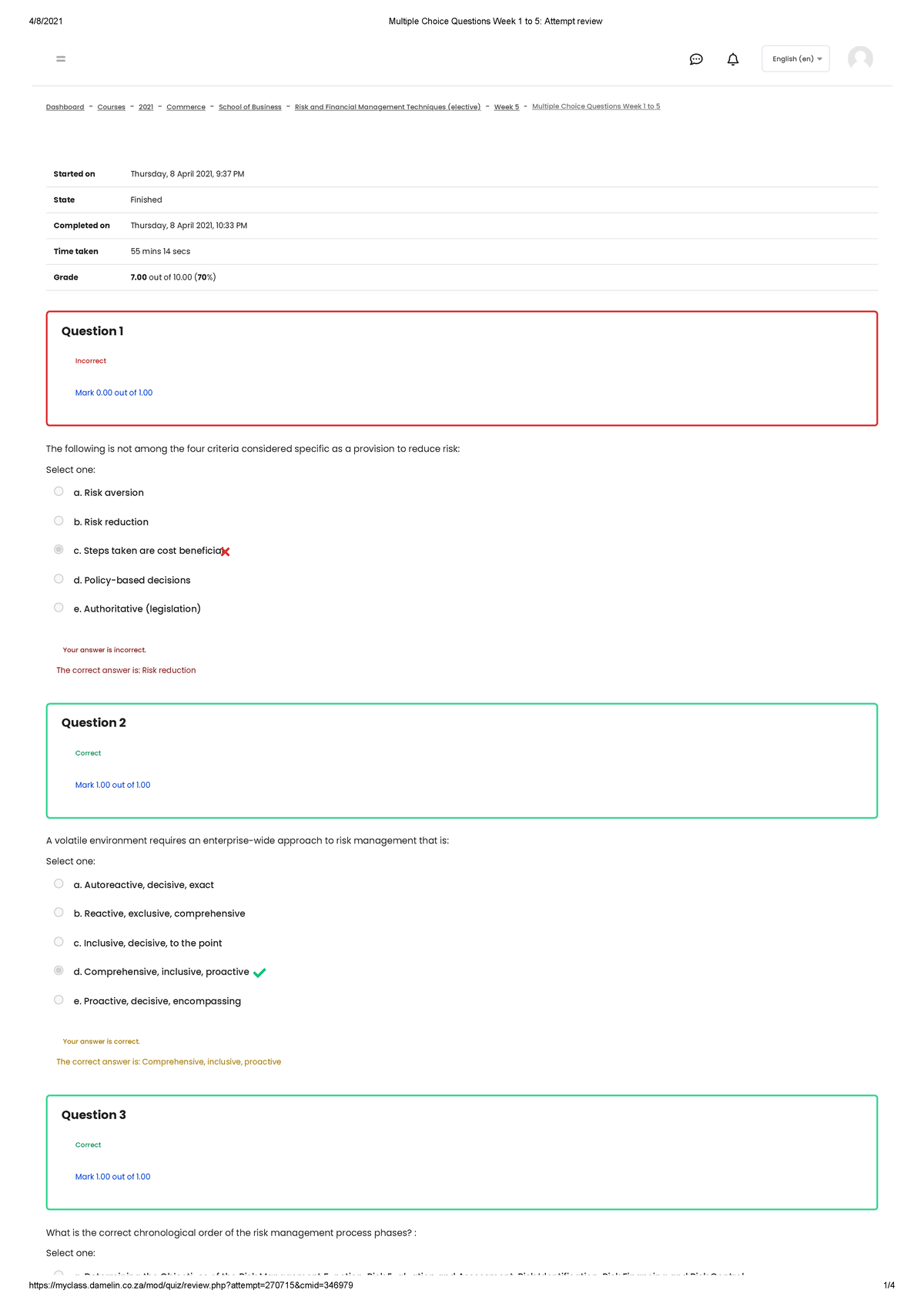 Multiple Choice Questions Week 1 to 5 Attempt review RFTM - English (en ...