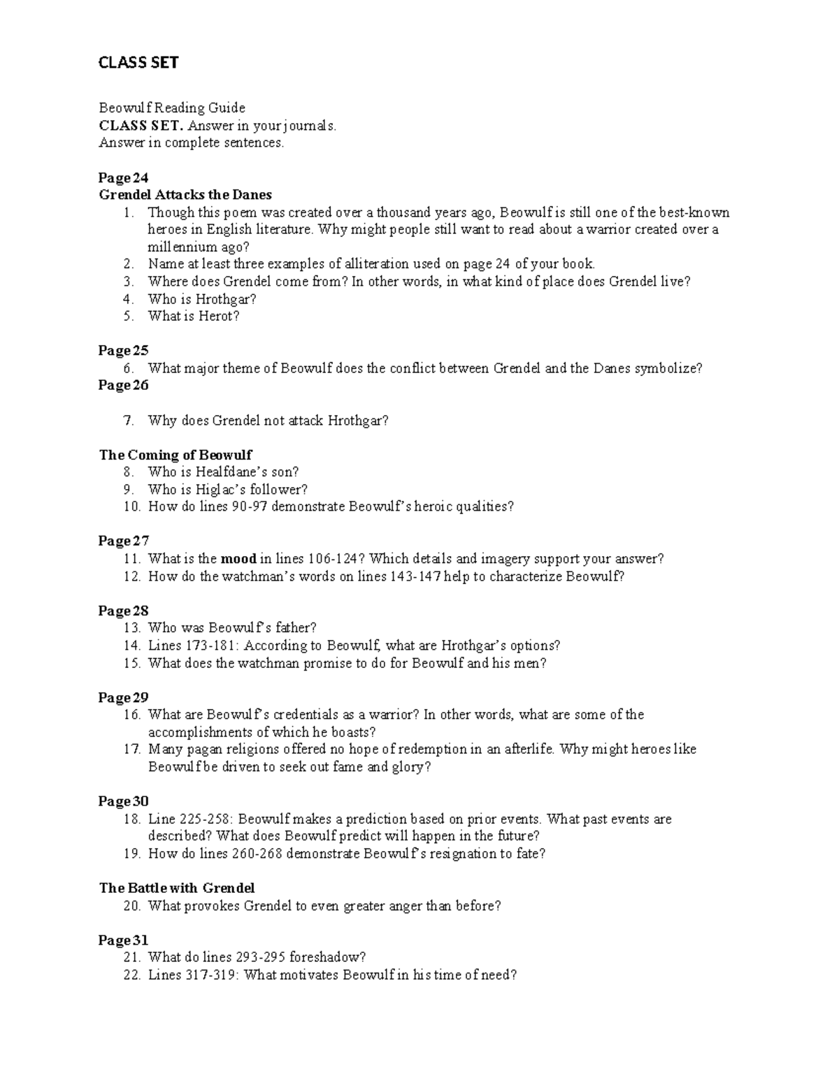 Beowulf Reading Guide 2 - CLASS SET Beowulf Reading Guide CLASS SET ...