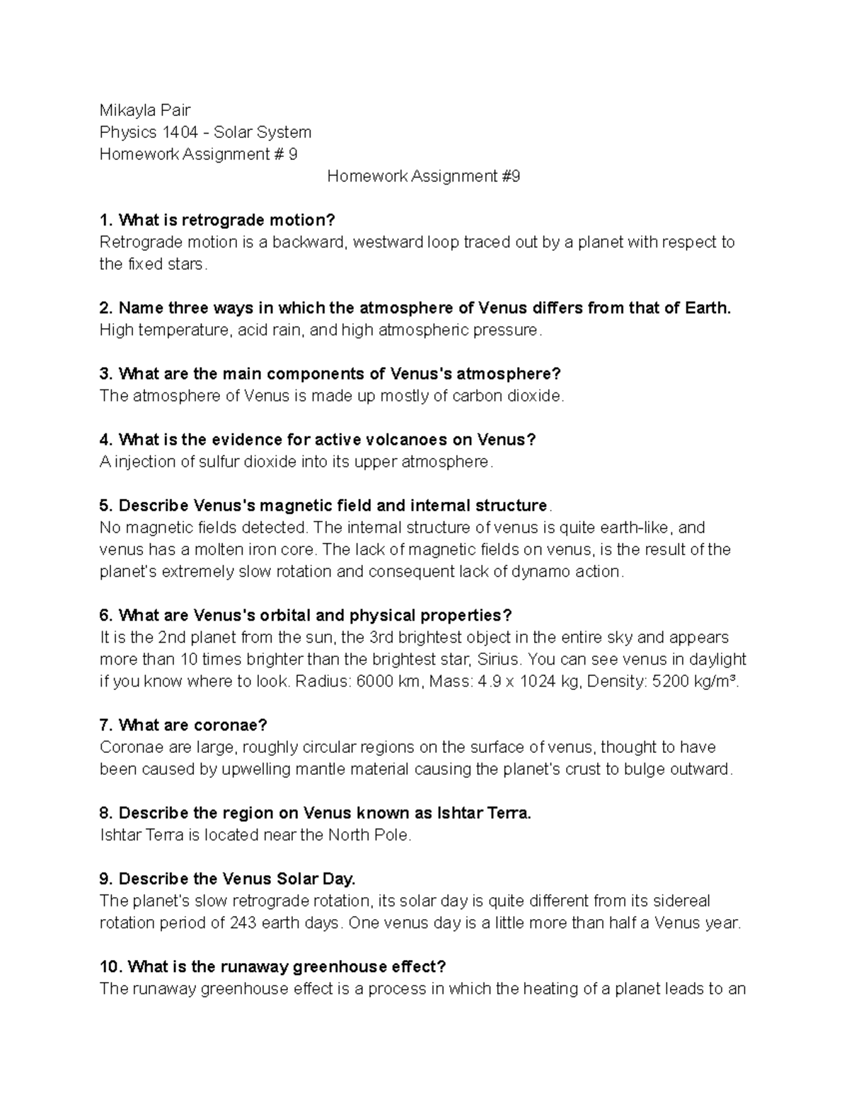 Homework Assignment #9 - Mikayla Pair Physics 1404 - Solar System ...
