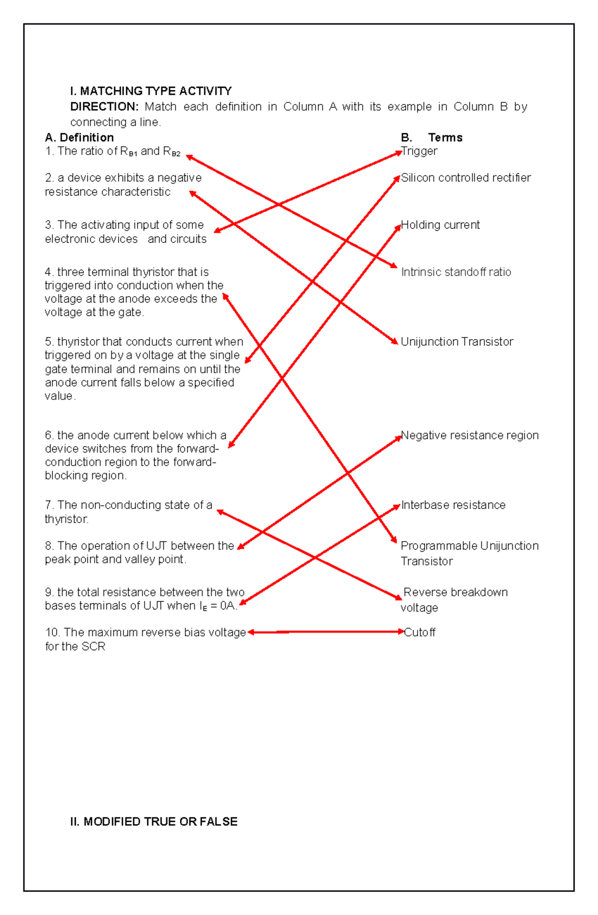 Thyristors SCRs, SCS, UJT and PUT - I. MATCHING TYPE ACTIVITY DIRECTION: Match each definition ...