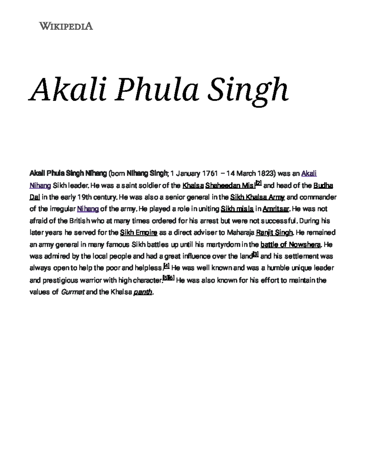 Akali Phula Singh - Wikipedia - Akali Phula Singh Akali Phula Singh Nihang (born Nihang Singh; 1 ...
