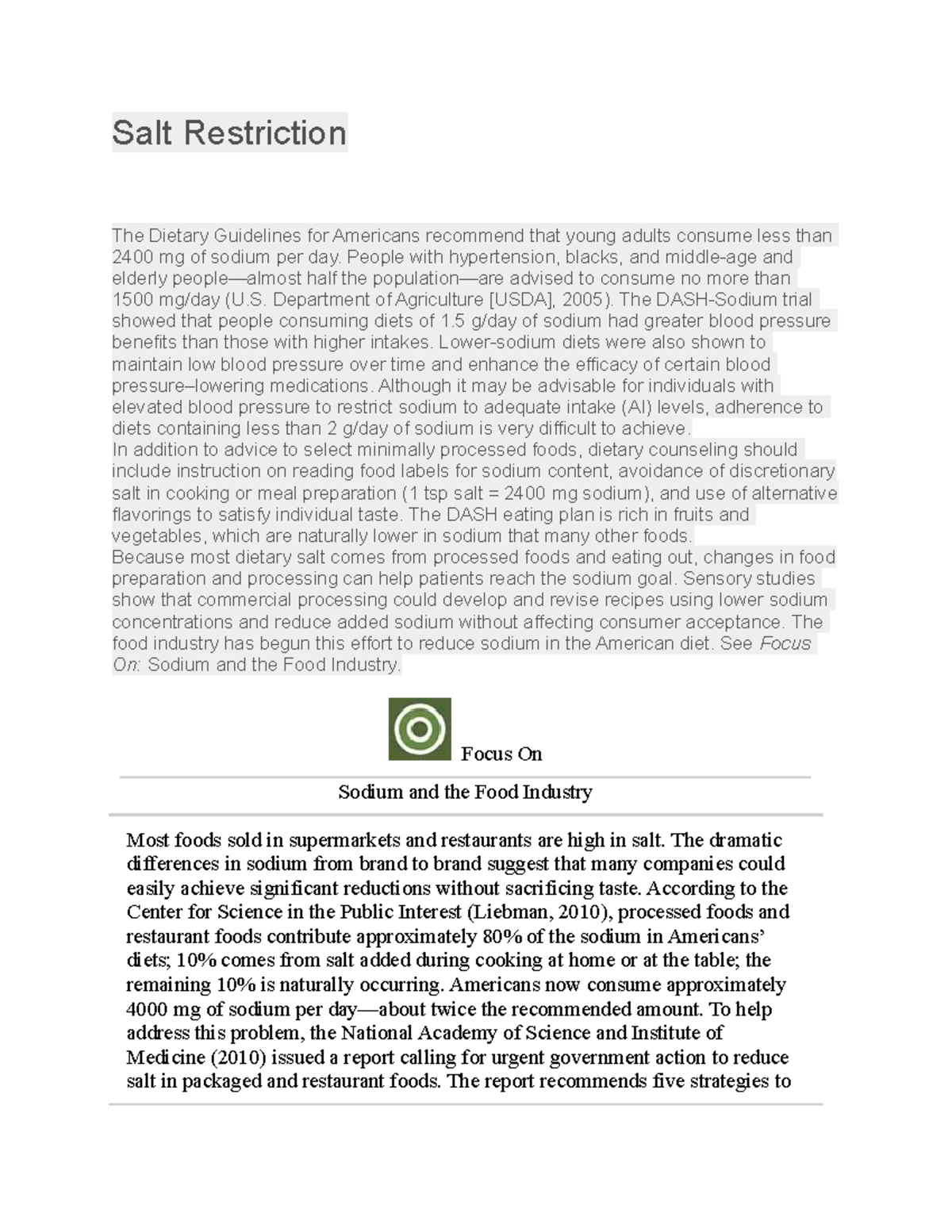 Salt Restriction - HESI Remediation - Salt Restriction The Dietary ...