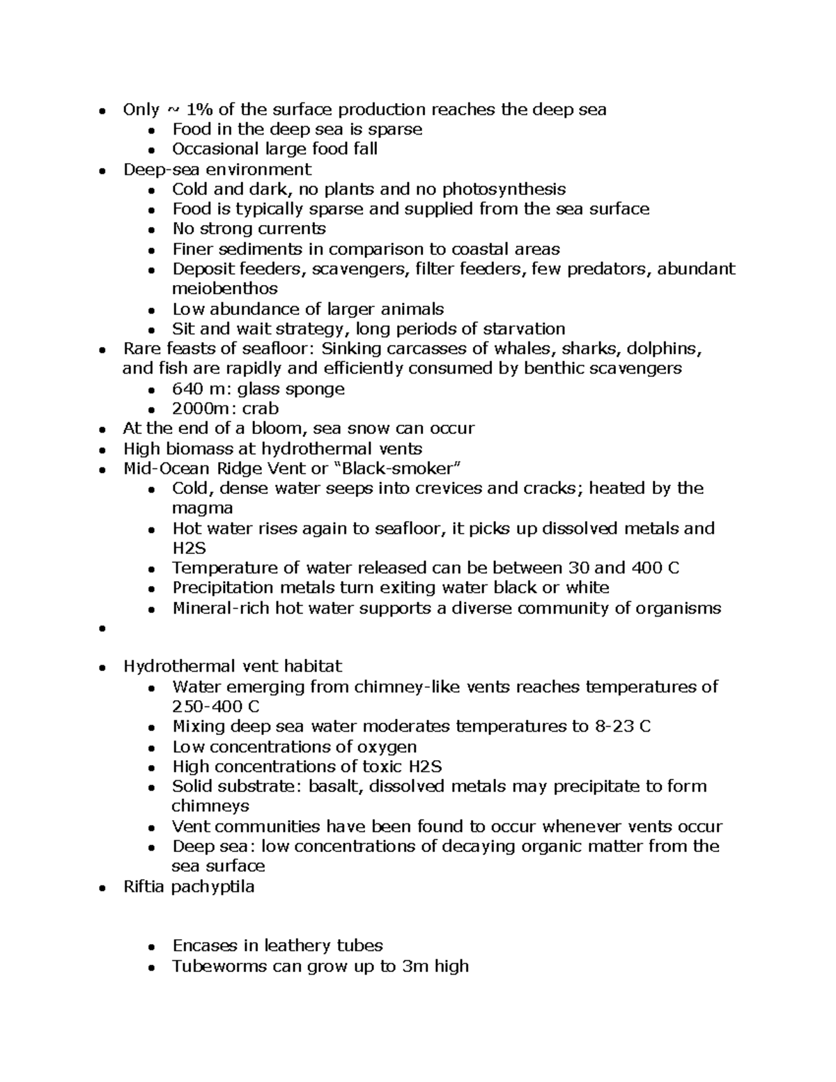 Deep Sea and Hydrothermal Vents - Only ~ 1% of the surface production ...