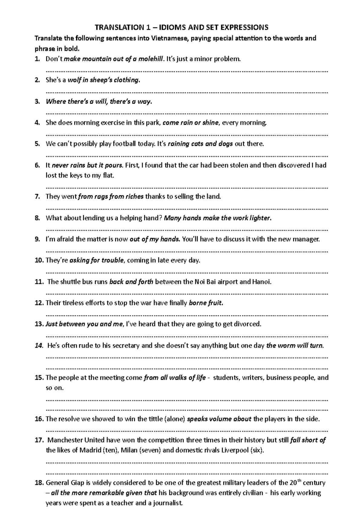 Idioms and set expressions_Môn dịch viết_ThangLongUniversity - English ...