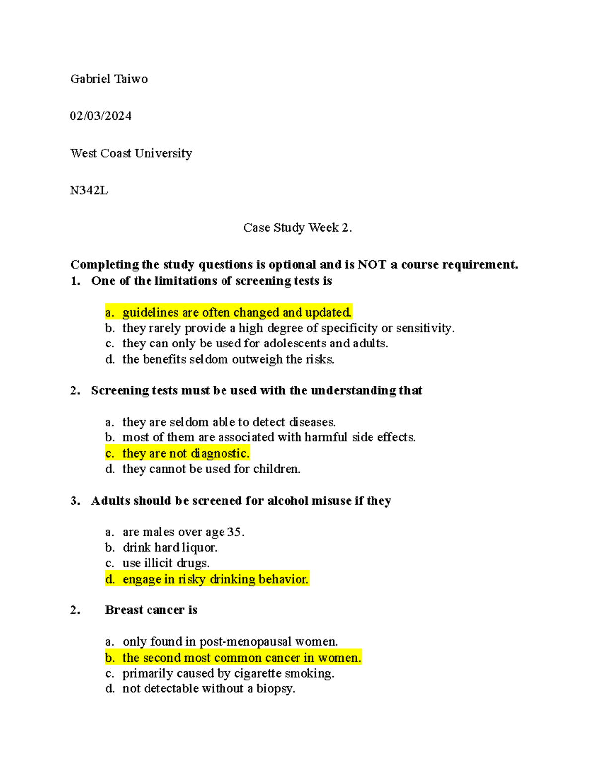 Week 2 case study-N 342L - Gabriel Taiwo 02/03/ West Coast University N342L Case Study Week 2 ...