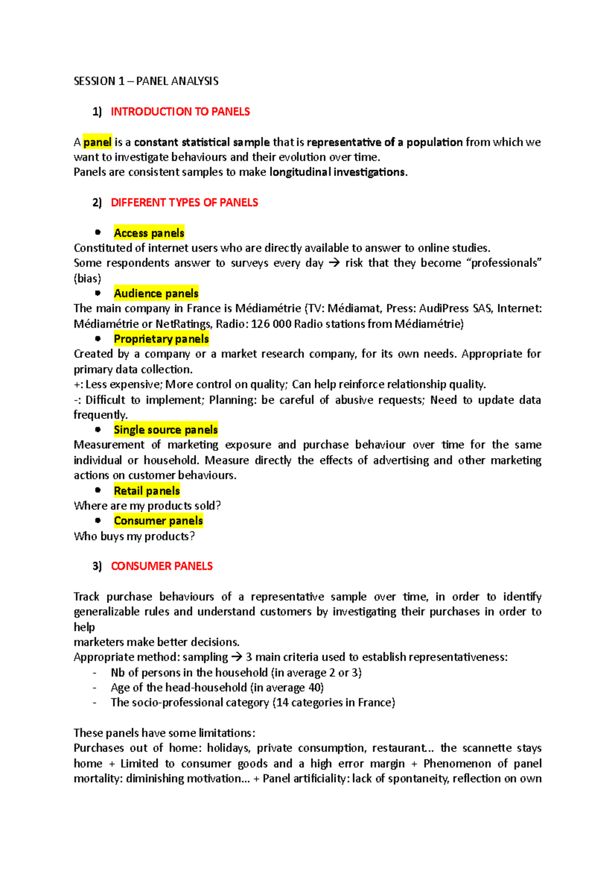 MAD Marketing - Notes de cours 4 - SESSION 1 – PANEL ANALYSIS 1 ...
