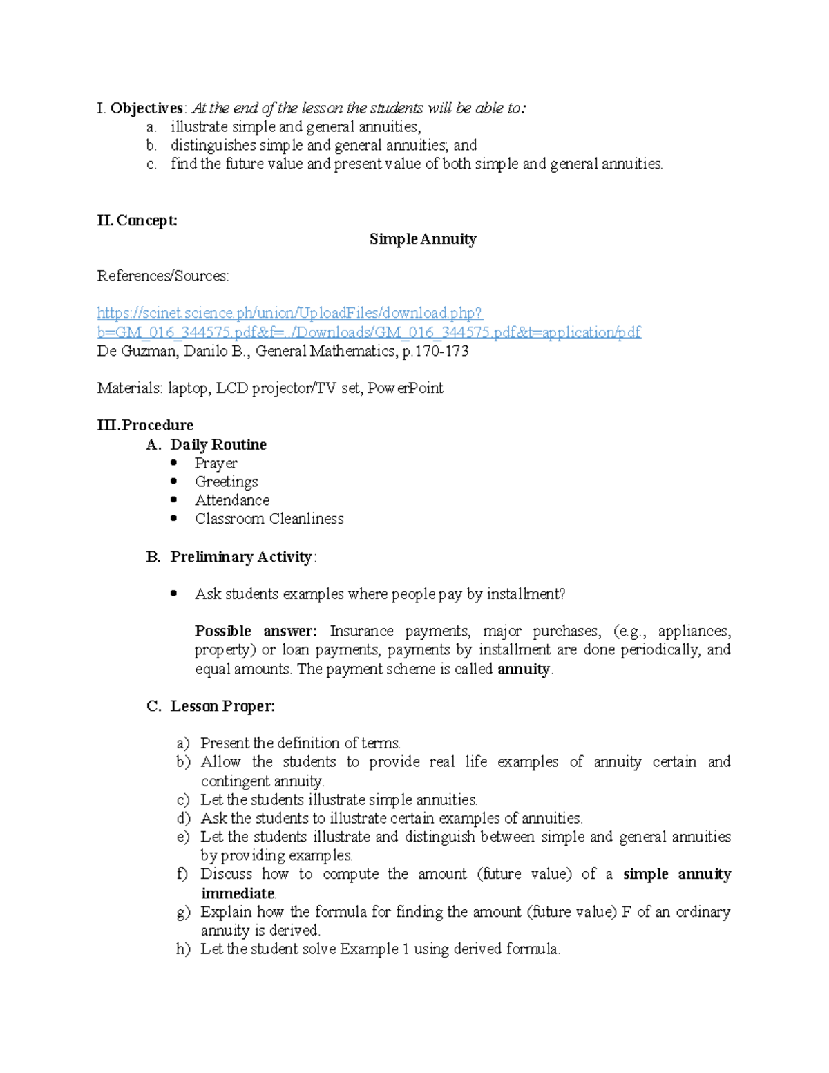 LP-1 - Mathematics lesson plan. - I. Objectives: At the end of the ...