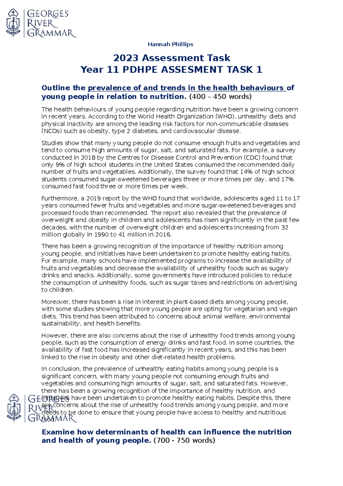 Pdhpe Assessment TASK 1 - Hannah Phillips 2023 Assessment Task Year 11 ...