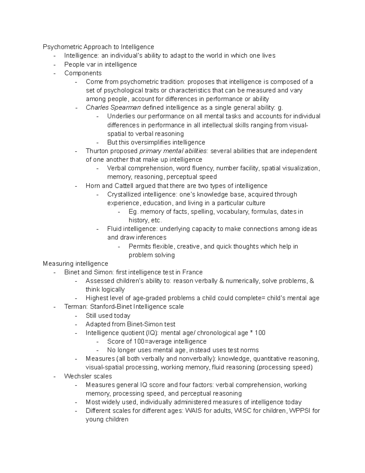 PSY 325 Chapter 8 Intelligence - Psychometric Approach to Intelligence ...