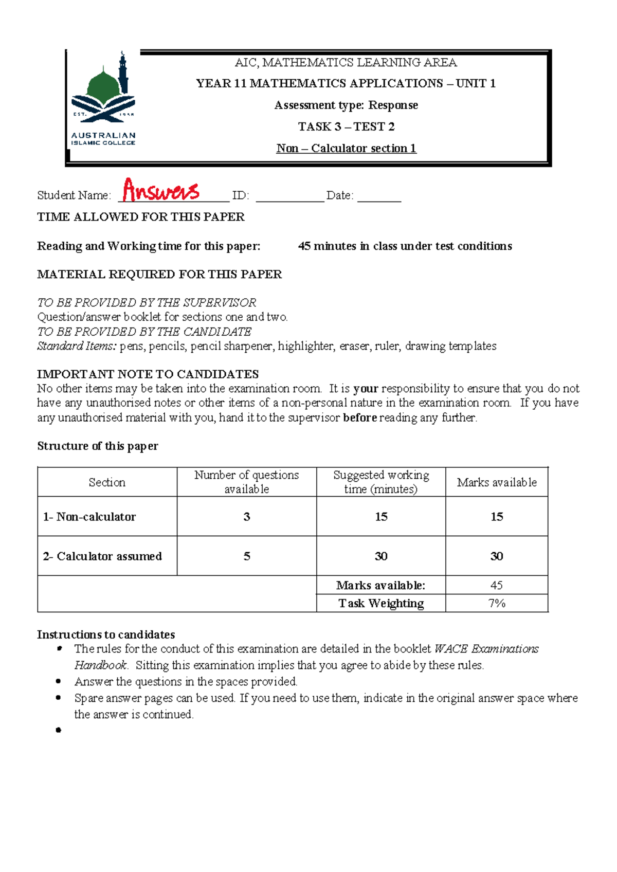 Test 2 Yr11 Applications non calc - marking key - AIC, MATHEMATICS ...
