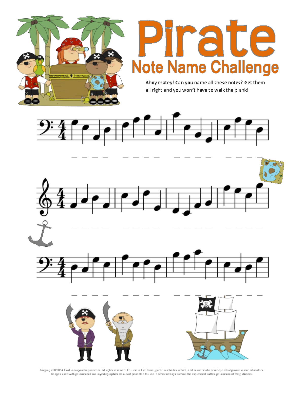 Pirate note name worksheet - Copyright © 2014 EarTrainingandImprov. All ...