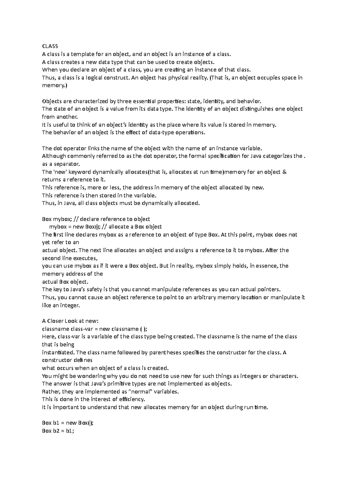 JAVA oops - Summary Cmputer Science And Engineering - CLASS A class is a template for an object ...