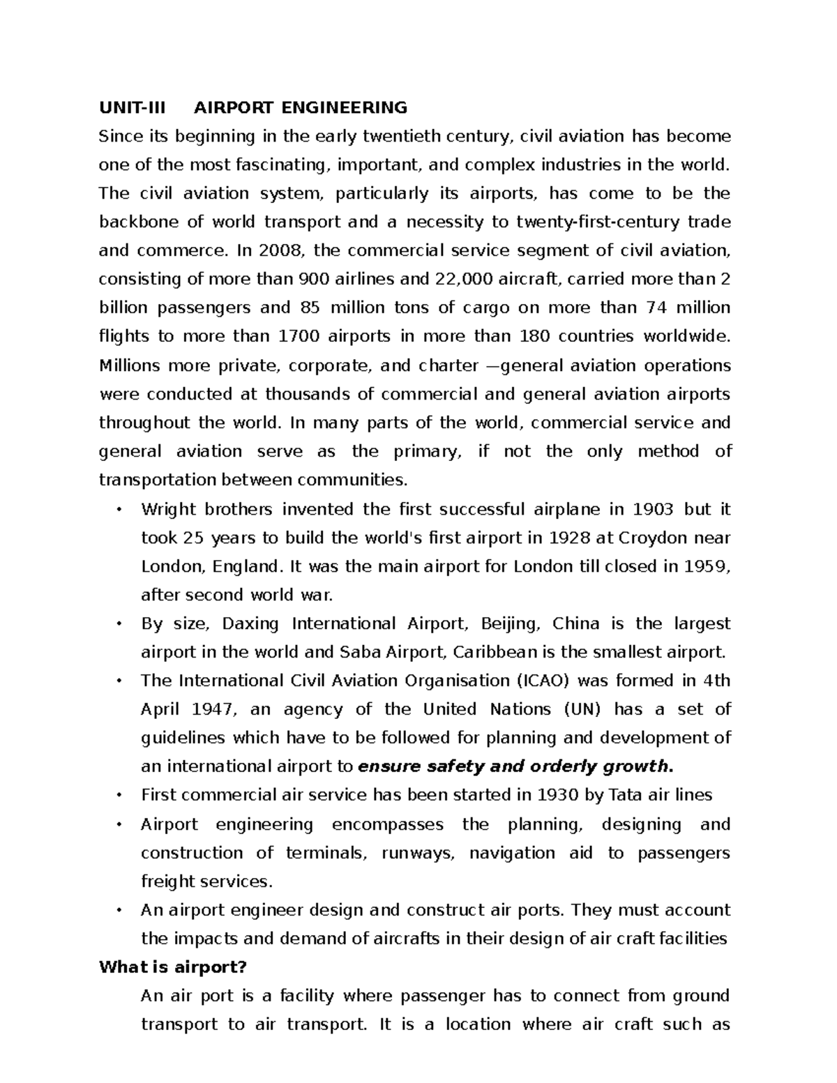 Tre Ii Unit Iii Unit Iii Airport Engineering Since Its Beginning In The Early Twentieth 