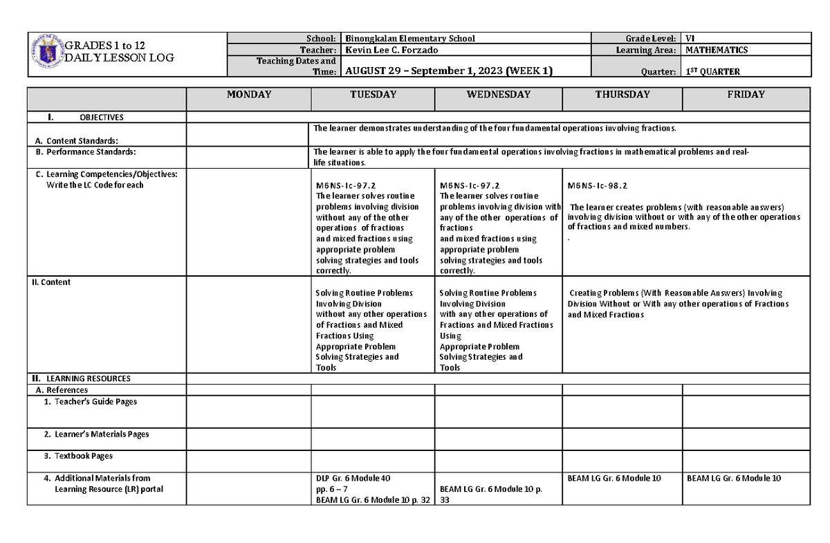 DLL Mathematics 6 Q1 W1 - done - GRADES 1 to 12 DAILY LESSON LOG School ...