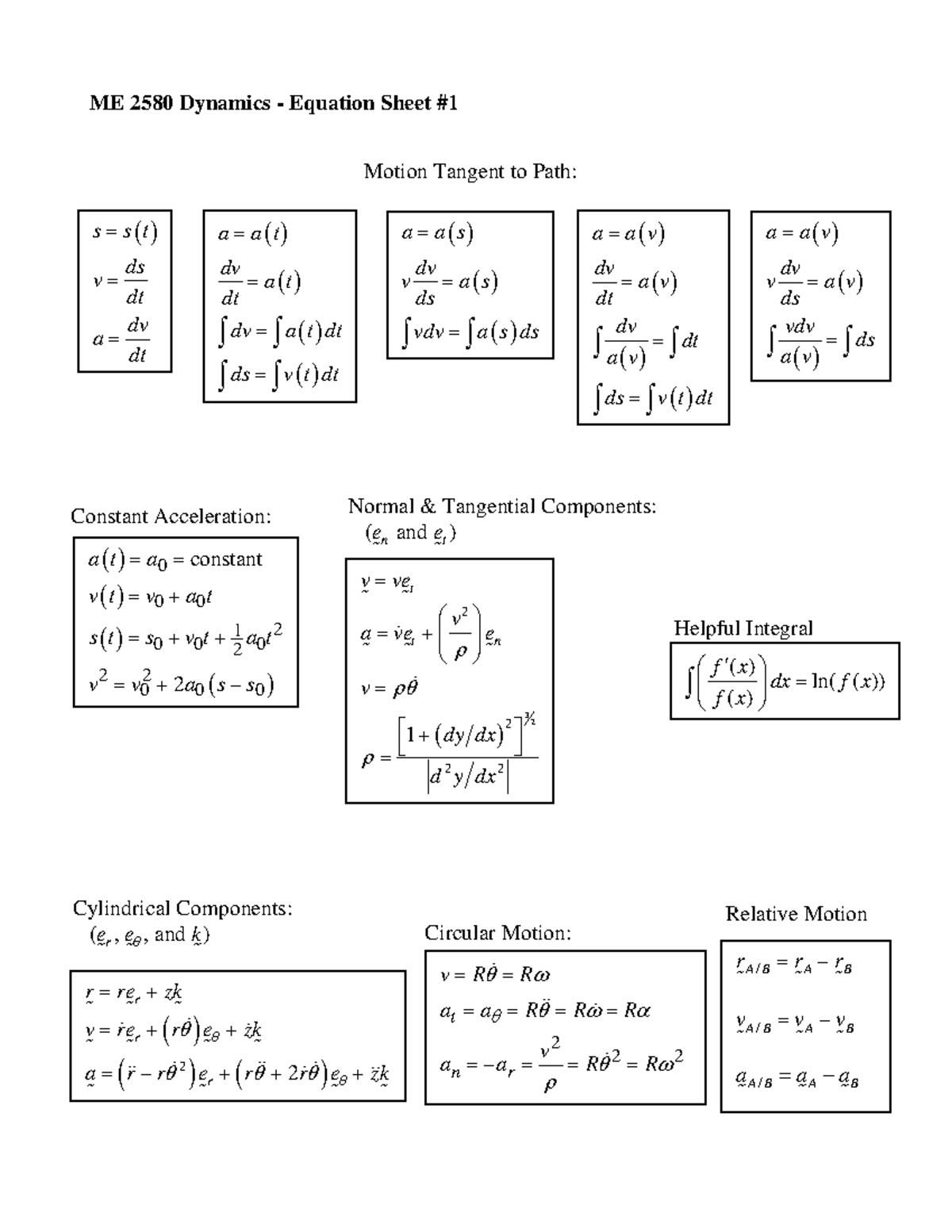 ME258Equation Sheet 01 - ME 2580 Dynamics - Equation Sheet # s s t ...