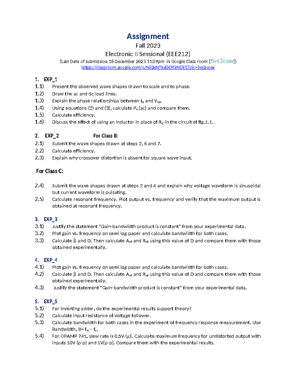Assignment - Assignment Fall 2023 Electronic II Sessional (EEE212) (Last Date of submission 16 ...