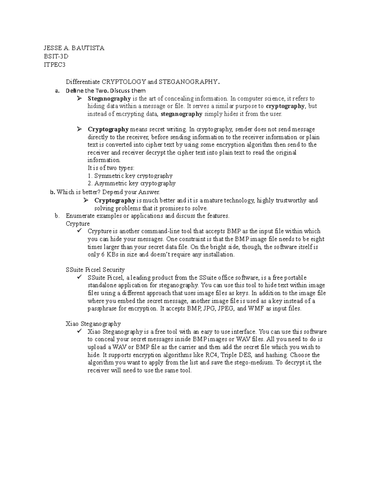 Internet Reading Assignment 1 - JESSE A. BAUTISTA BSIT-3D ITPEC Differentiate CRYPTOLOGY and ...