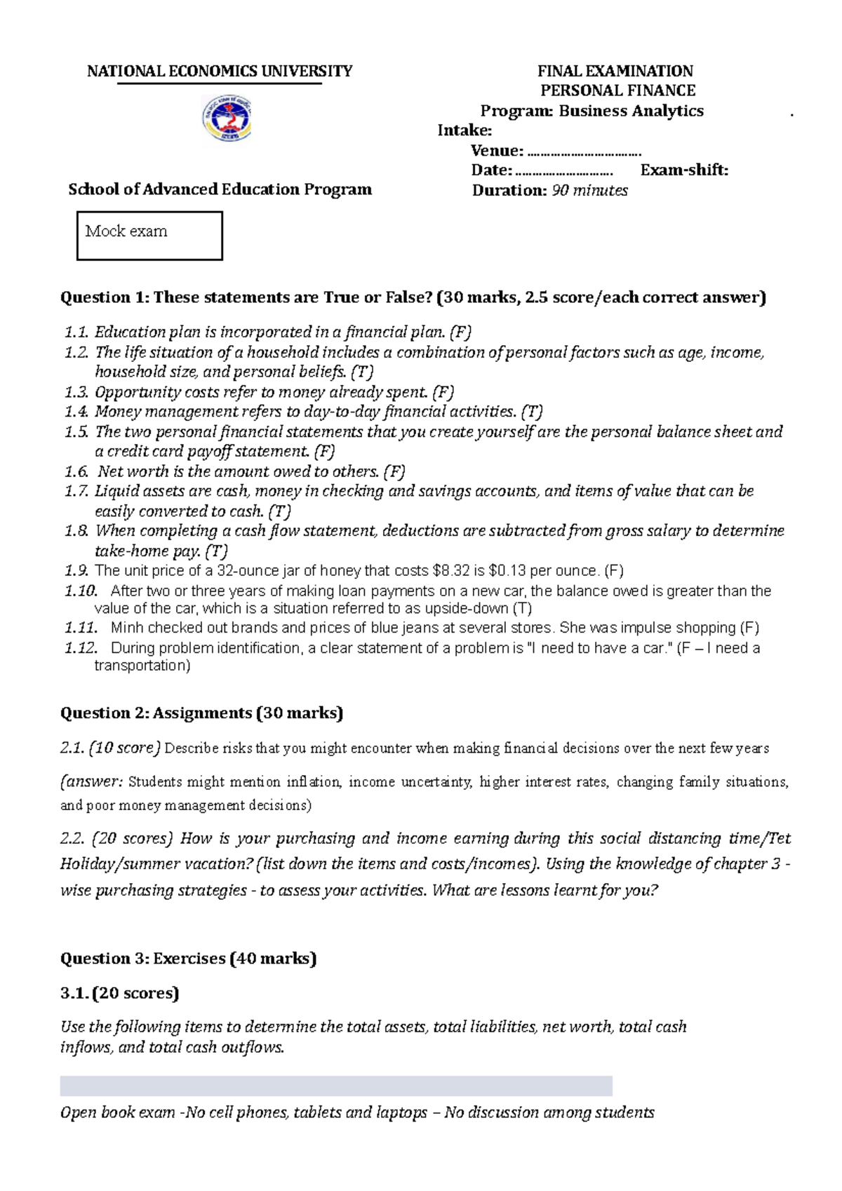 Personal finance course. Mock exam 2021 - NATIONAL ECONOMICS UNIVERSITY ...
