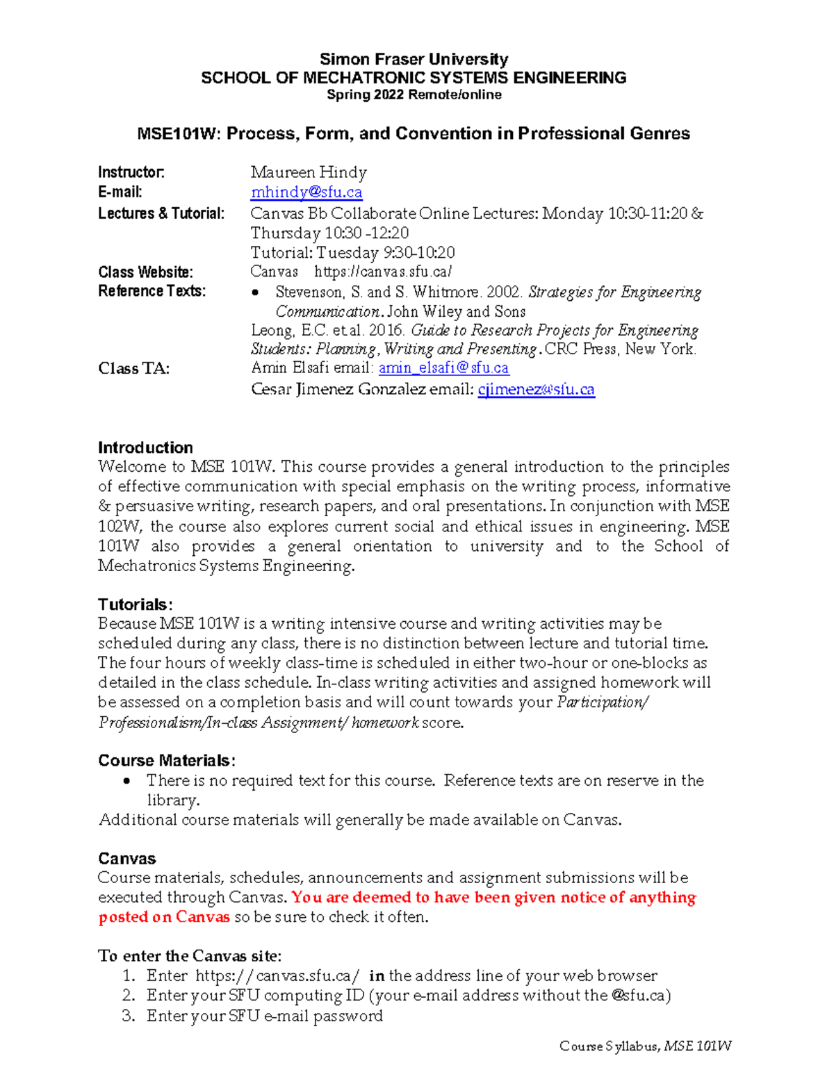 MSE 101W Syllabus Spring 2022 - Course Syllabus, MSE 101W Simon Fraser ...