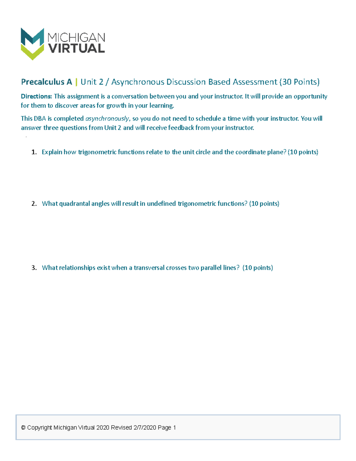 Precalc AU 2DBA - Precalculus A | Unit 2 / Asynchronous Discussion Based Assessment (30 Points ...