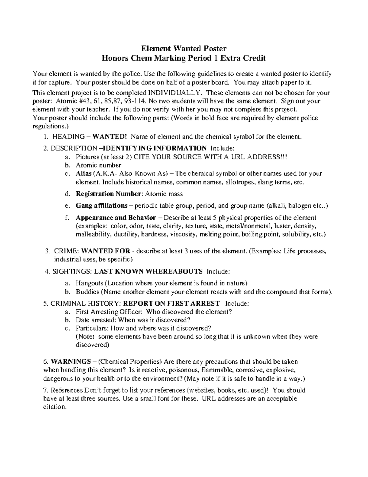 Element Wanted Poster Extra Credit Marking Period 1 for 2023 - Element ...