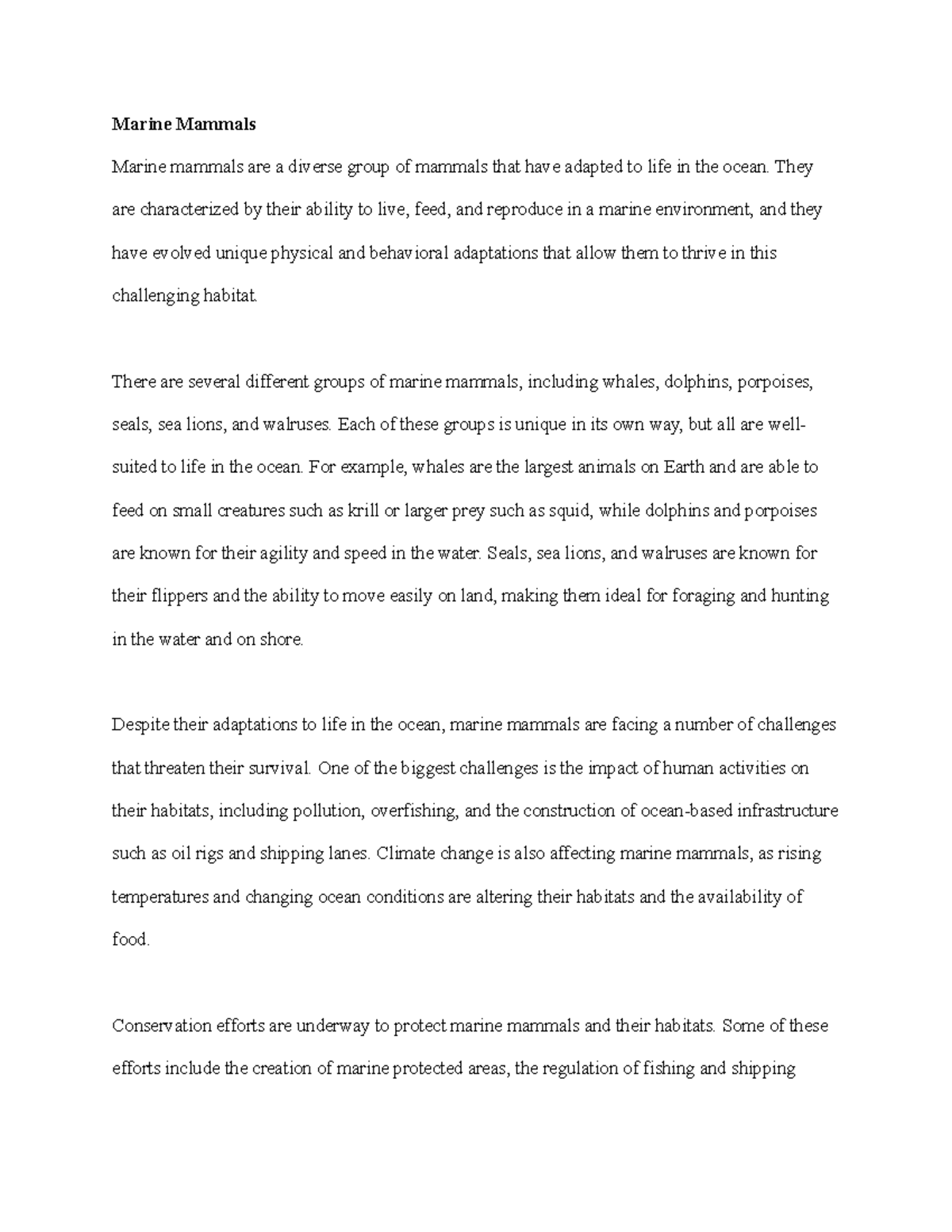 Marine Mammals - Marine Mammals Marine mammals are a diverse group of ...