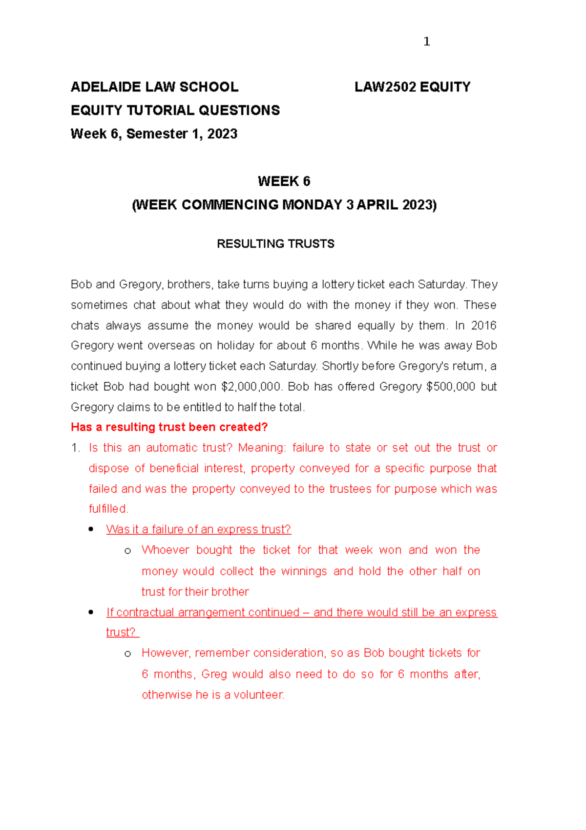 Week 6 Seminar 5 Tutorial Questions - Resulting Trusts - Seminar ...