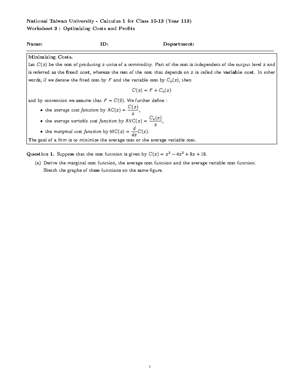 EM1-3 Optimizing Costs and Profit - National Taiwan University - Calculus 1 for Class 10-13 ...