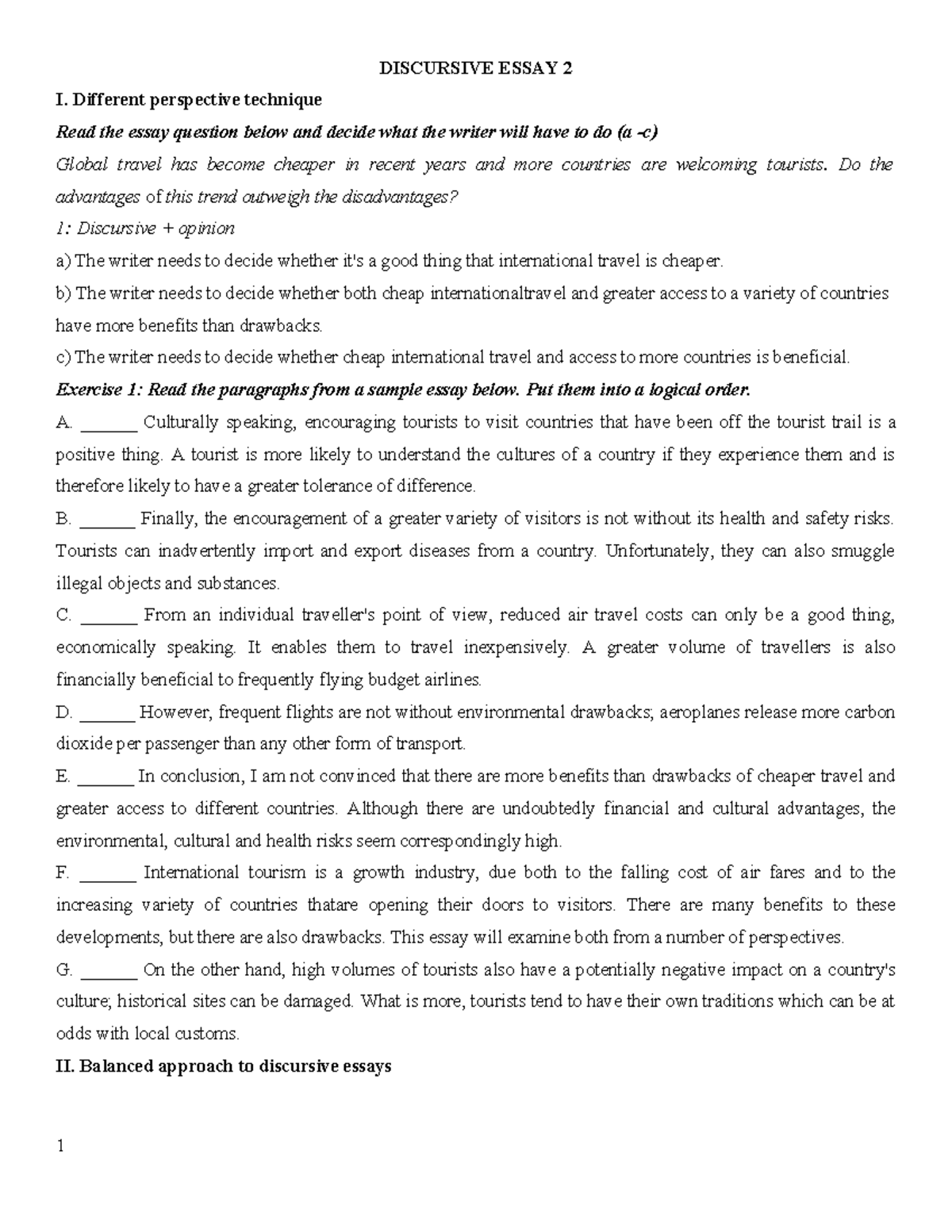 Discursive Essay 2 - practice - DISCURSIVE ESSAY 2 I. Different ...